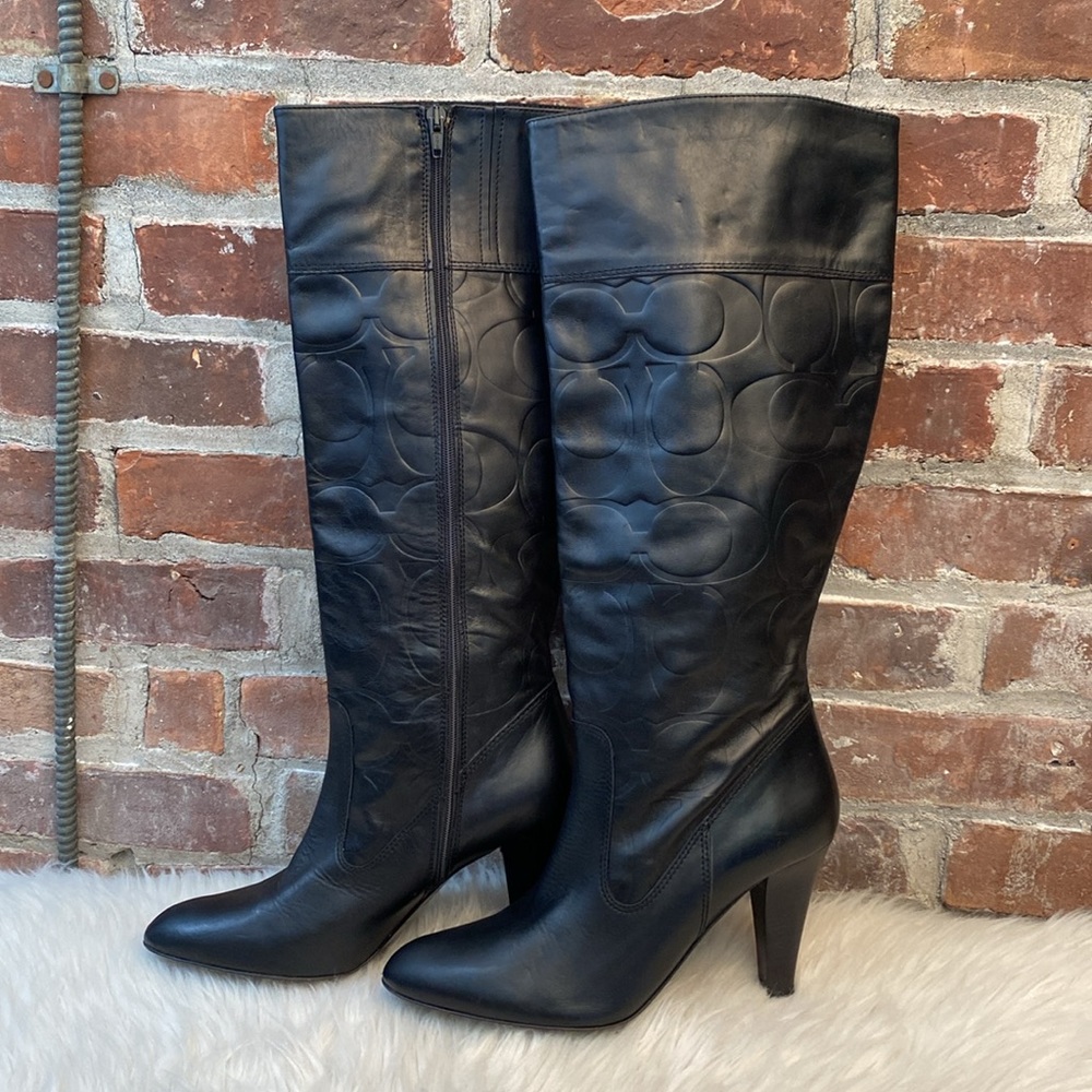 Coach Millie Black Leather Embossed Logo Tall Boots, … - Gem